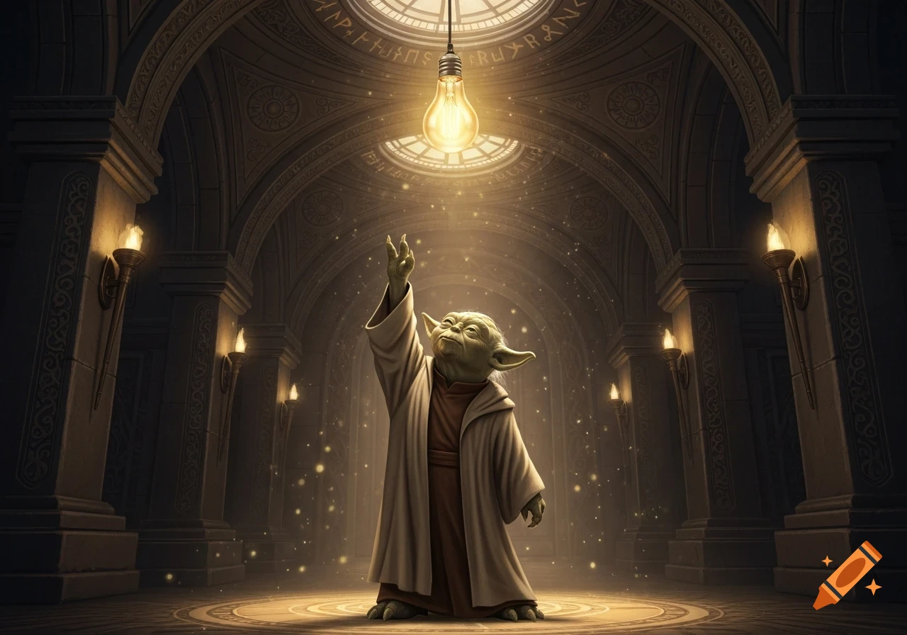 Yoda stands in an ancient, vaulted hall, illuminated by a glowing light ...