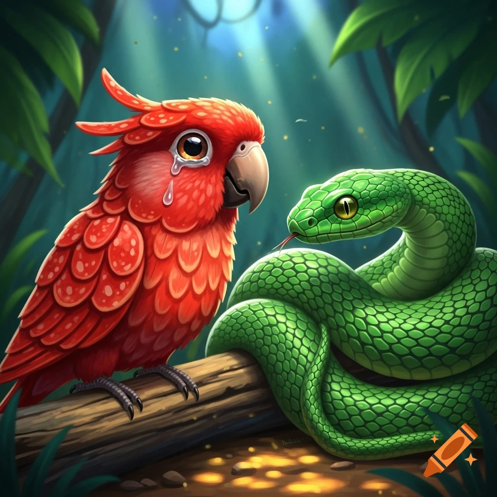 A cartoon red parrot with tears in its eyes sits on a log next to a ...
