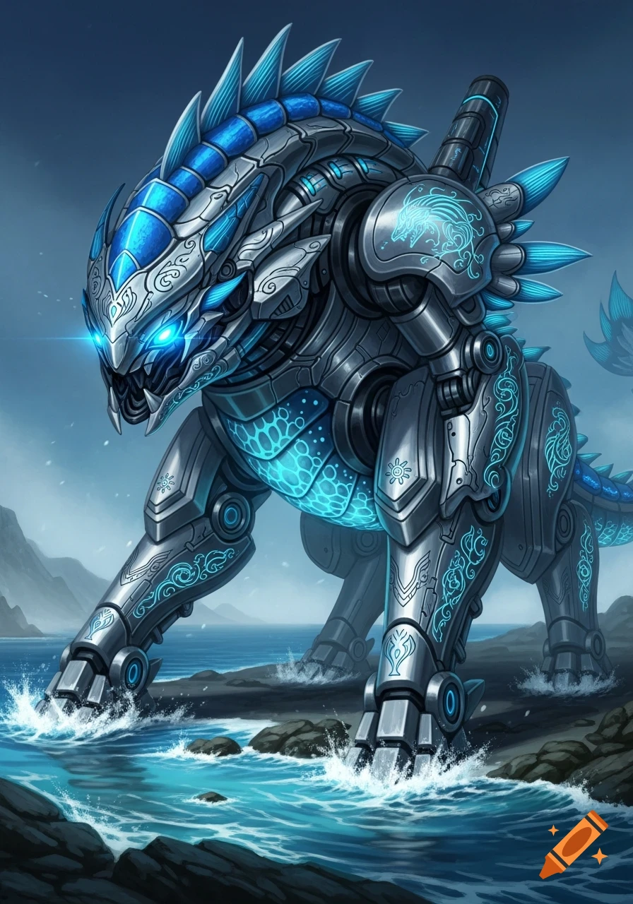 A majestic silver and glowing blue mechanical creature stands in ...