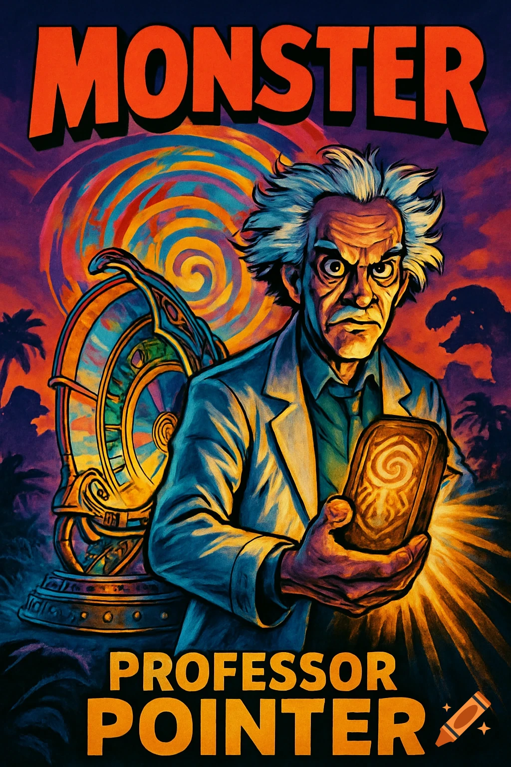 Comic book poster of a stern scientist, Professor Pointer, holding a ...
