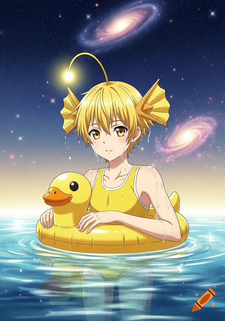 An anime character with yellow hair, anglerfish antenna, and fin-like ...