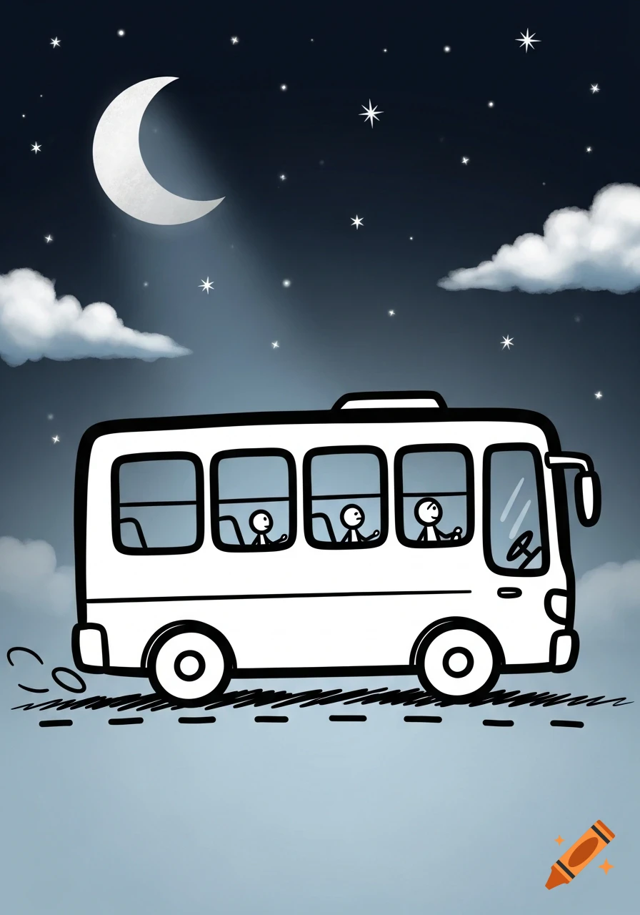 A stick drawing of a white bus with stick figures inside, driving at ...