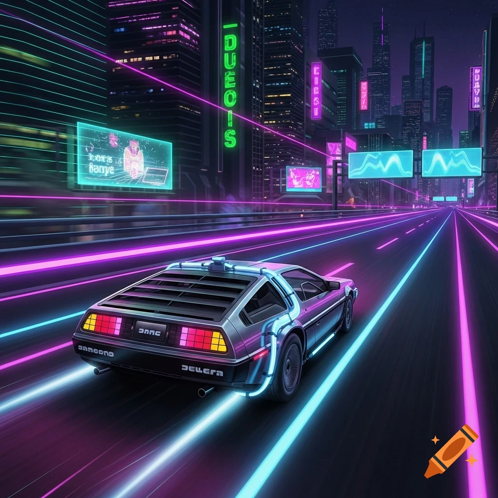 A DeLorean drives on a futuristic highway with neon pink and blue light ...