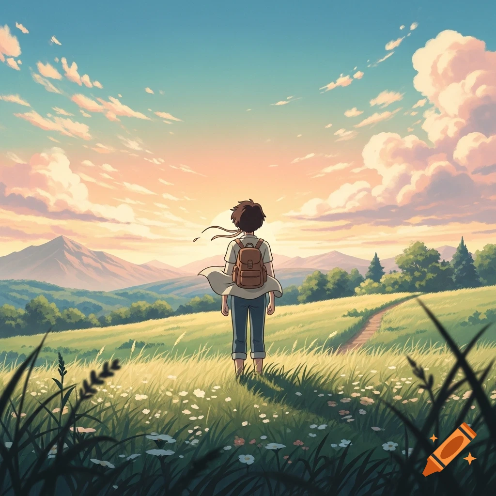 Anime traveler with a backpack looks over a lush meadow at sunset ...