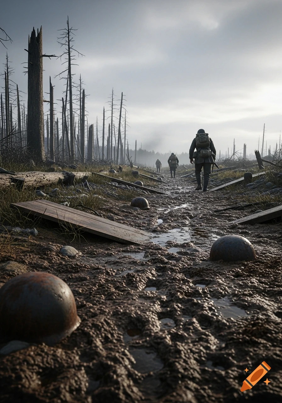 Soldiers trudge through a muddy World War 1 battlefield with dead trees ...