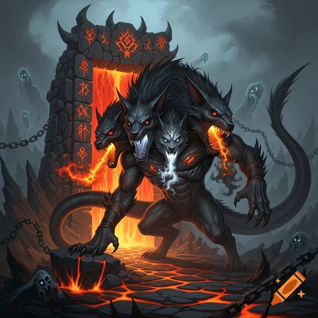 A three-headed black Cerberus-like monster, breathing fire and ...