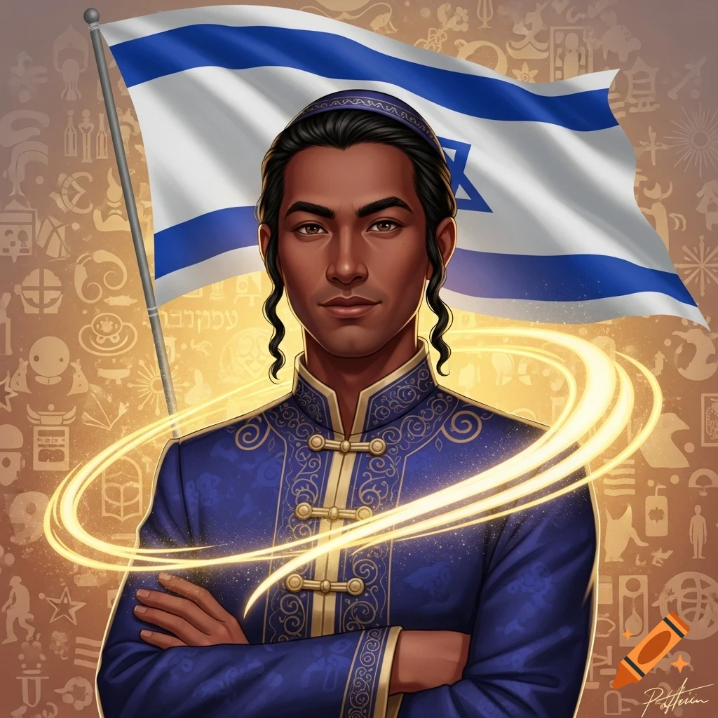 A dark-skinned man with peyos wears a blue coat and a yarmulke ...