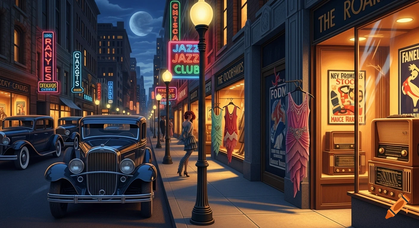 A stylized depiction of a 1920s city street at night, with classic cars ...