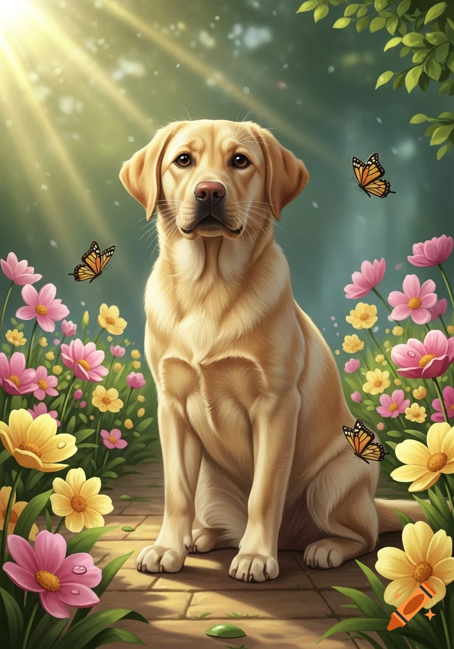 A golden Labrador dog sits among colorful flowers and butterflies, with ...
