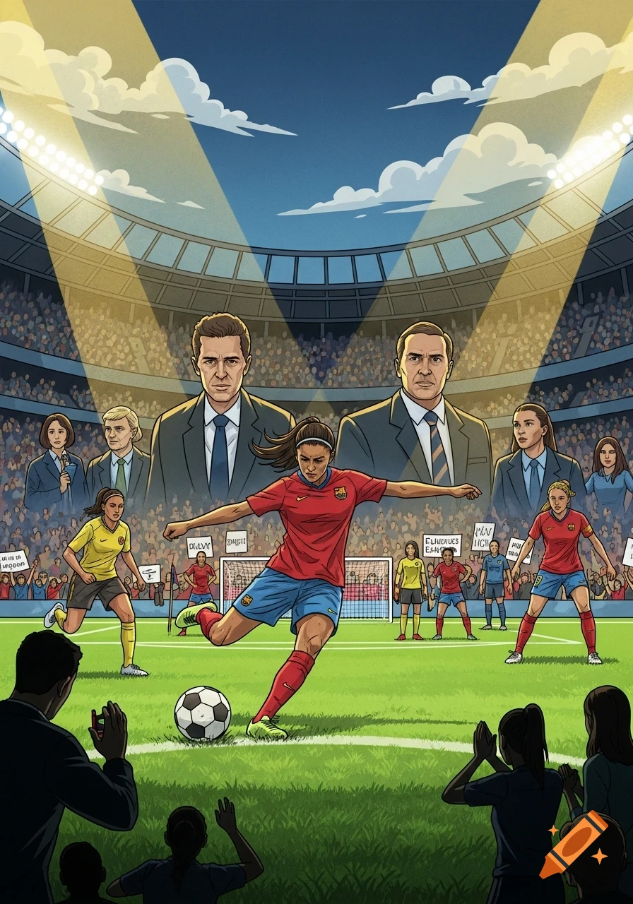 A vibrant comic-style illustration shows a female soccer player kicking ...