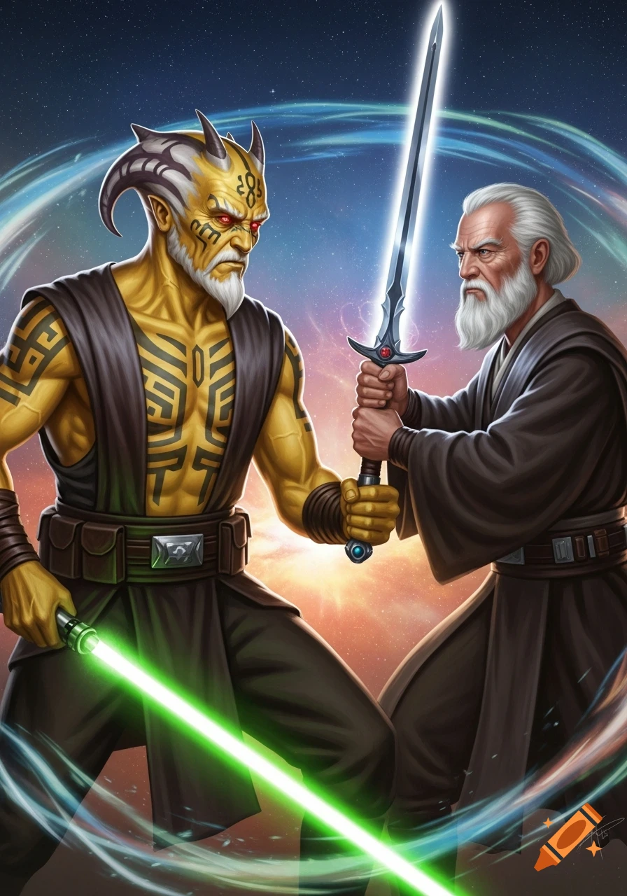 A yellow-skinned Zabrak with horns and tattoos, wielding a green ...