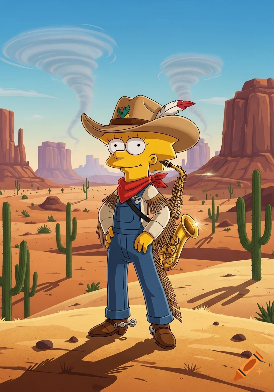 Cartoon Lisa Simpson in a cowgirl outfit with a saxophone stands in a ...