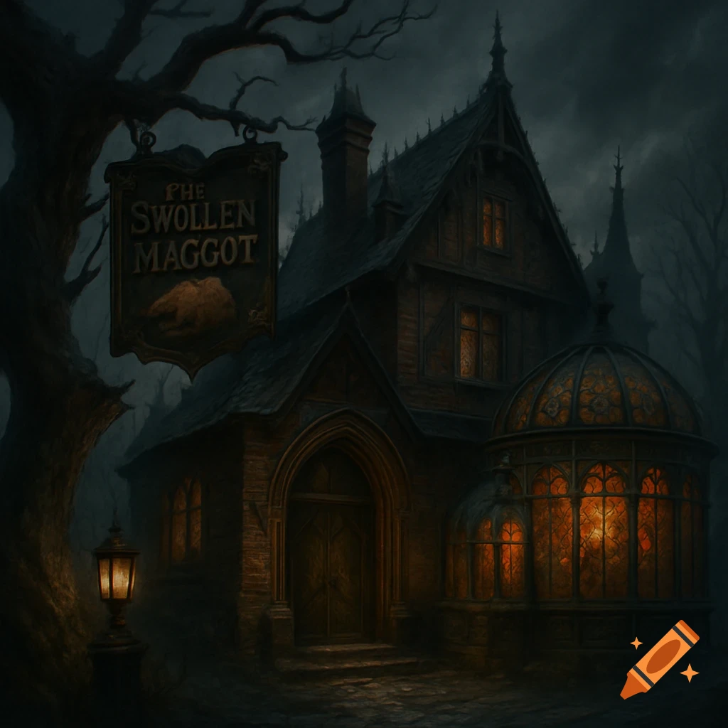 A dark, gothic-style tavern named 'The Swollen Maggot' with glowing ...