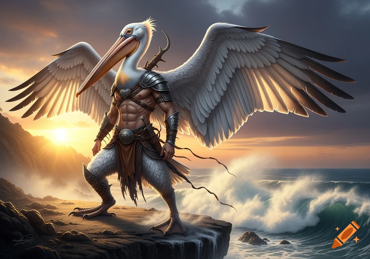 A muscular pelican-headed creature with large white wings and an ...