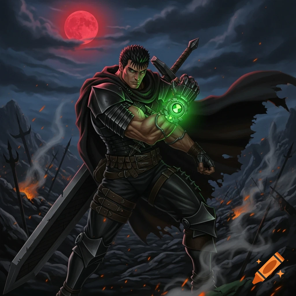 Guts from Berserk, wearing full armor and holding a large sword, stands ...