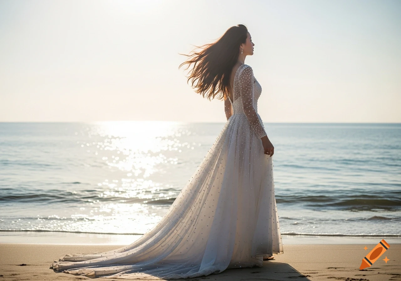 A woman in a flowing white pearl wedding dress stands on a sunny beach ...