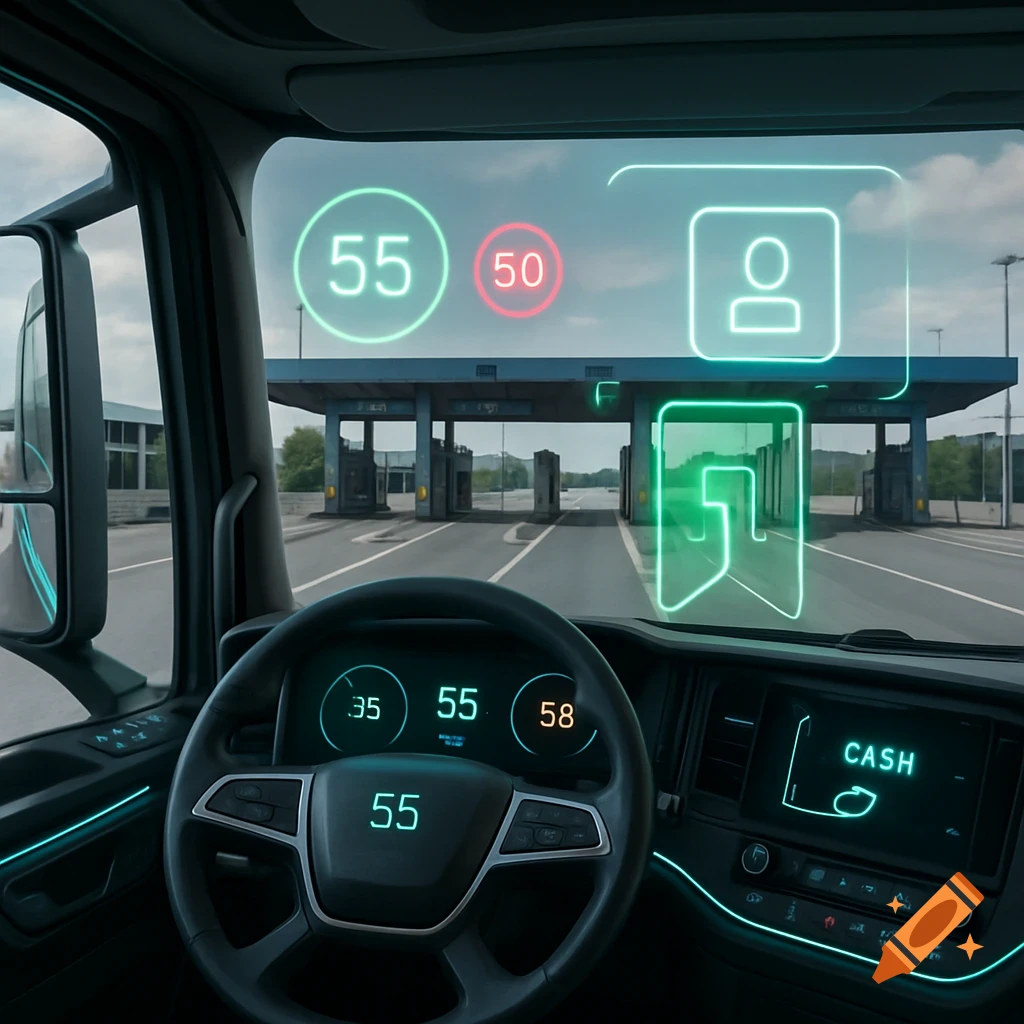 Driver's view from a futuristic truck cabin showing an AR HUD with ...