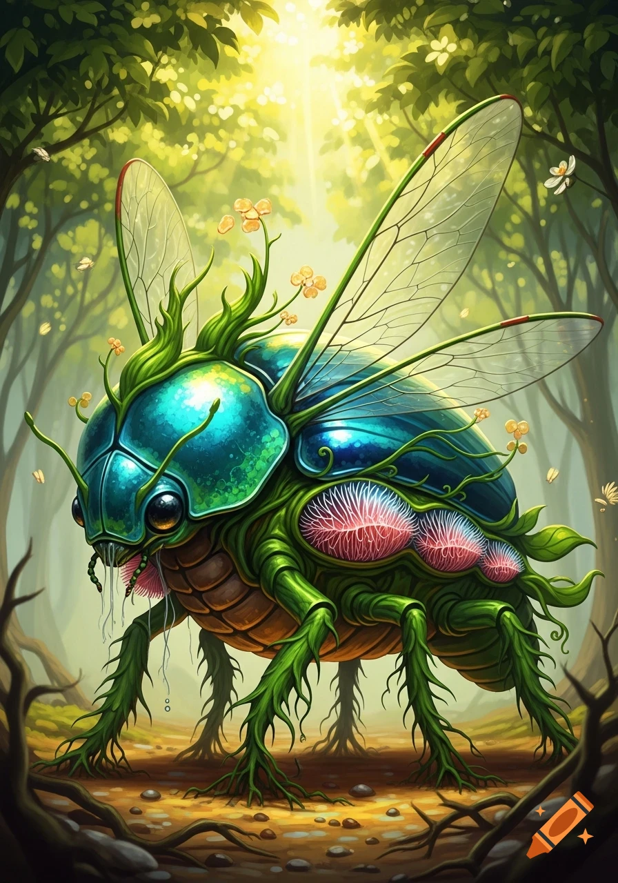 A vibrant, fantastical green and blue insect-plant hybrid creature with ...