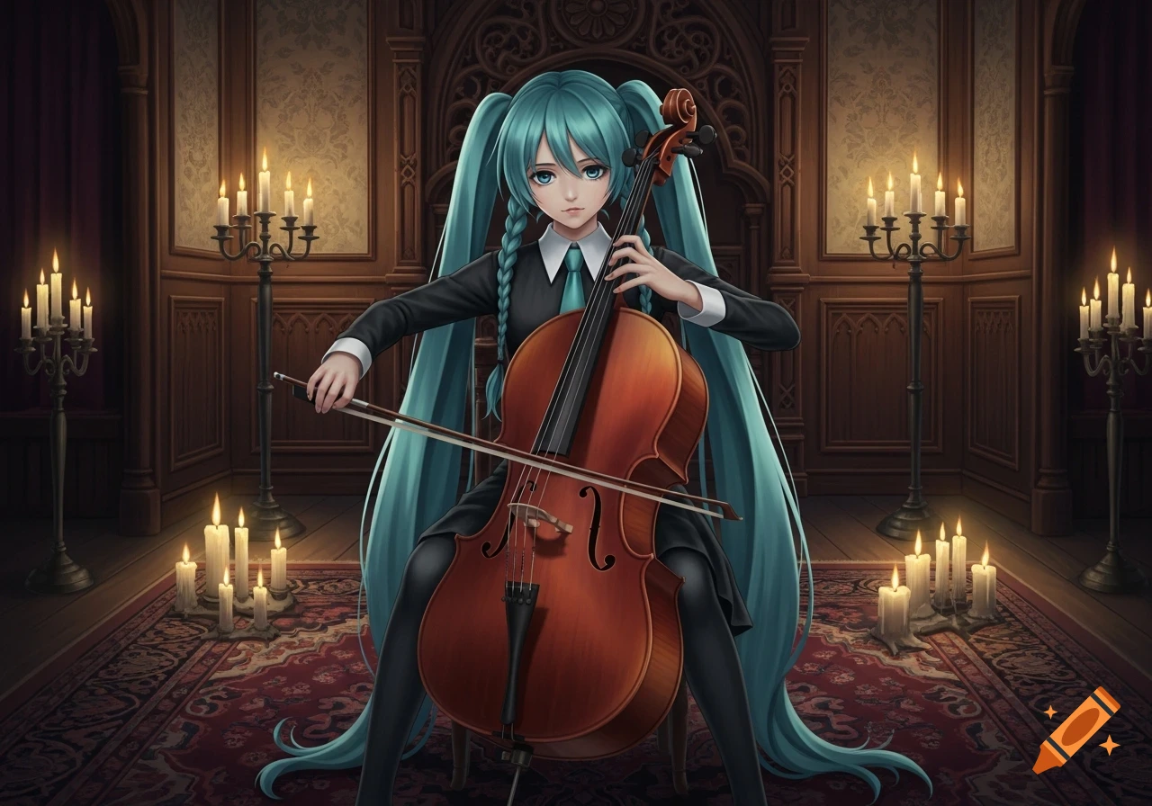 Anime character Hatsune Miku plays a cello in a candlelit gothic room ...