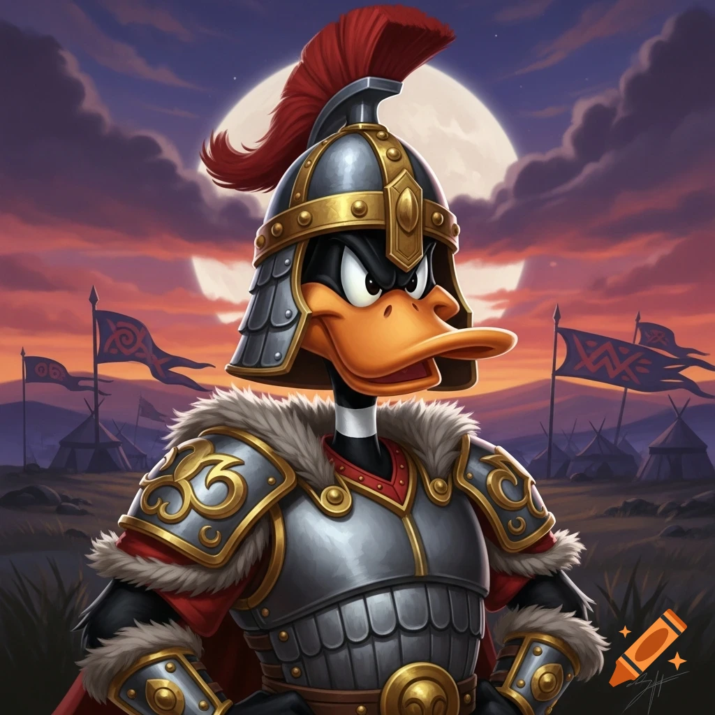 Daffy Duck as Attila the Hun, wearing detailed silver and gold armor ...