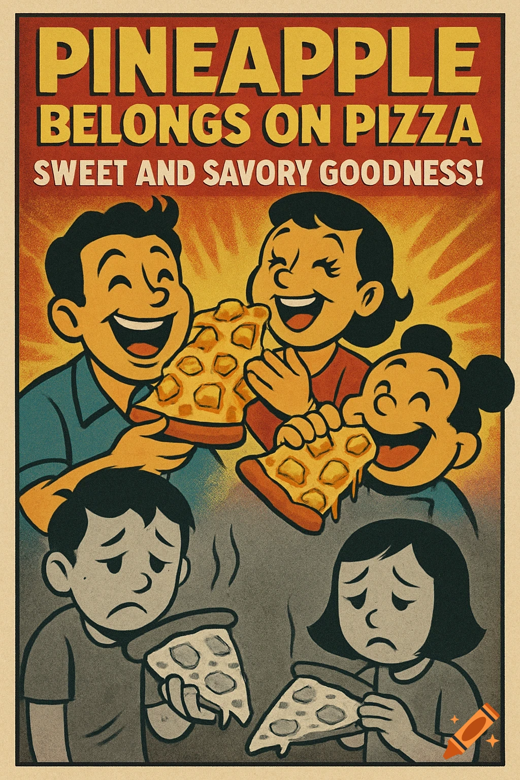 A retro cartoon propaganda poster showing happy people eating pineapple ...