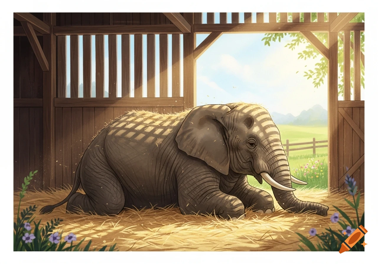An illustrated elephant rests on hay inside a wooden barn, bathed in ...