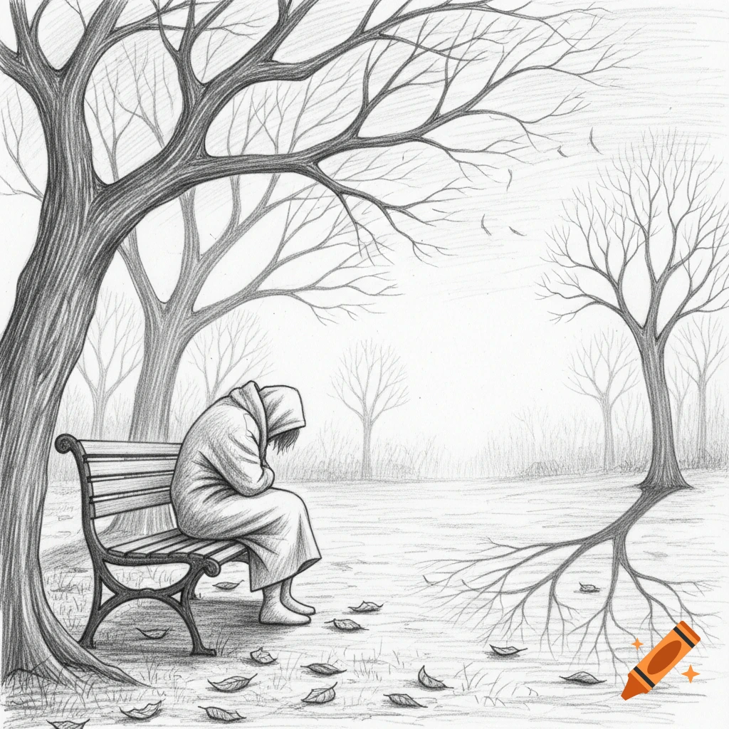 Pencil drawing of a hooded figure hunched over on a park bench under a ...