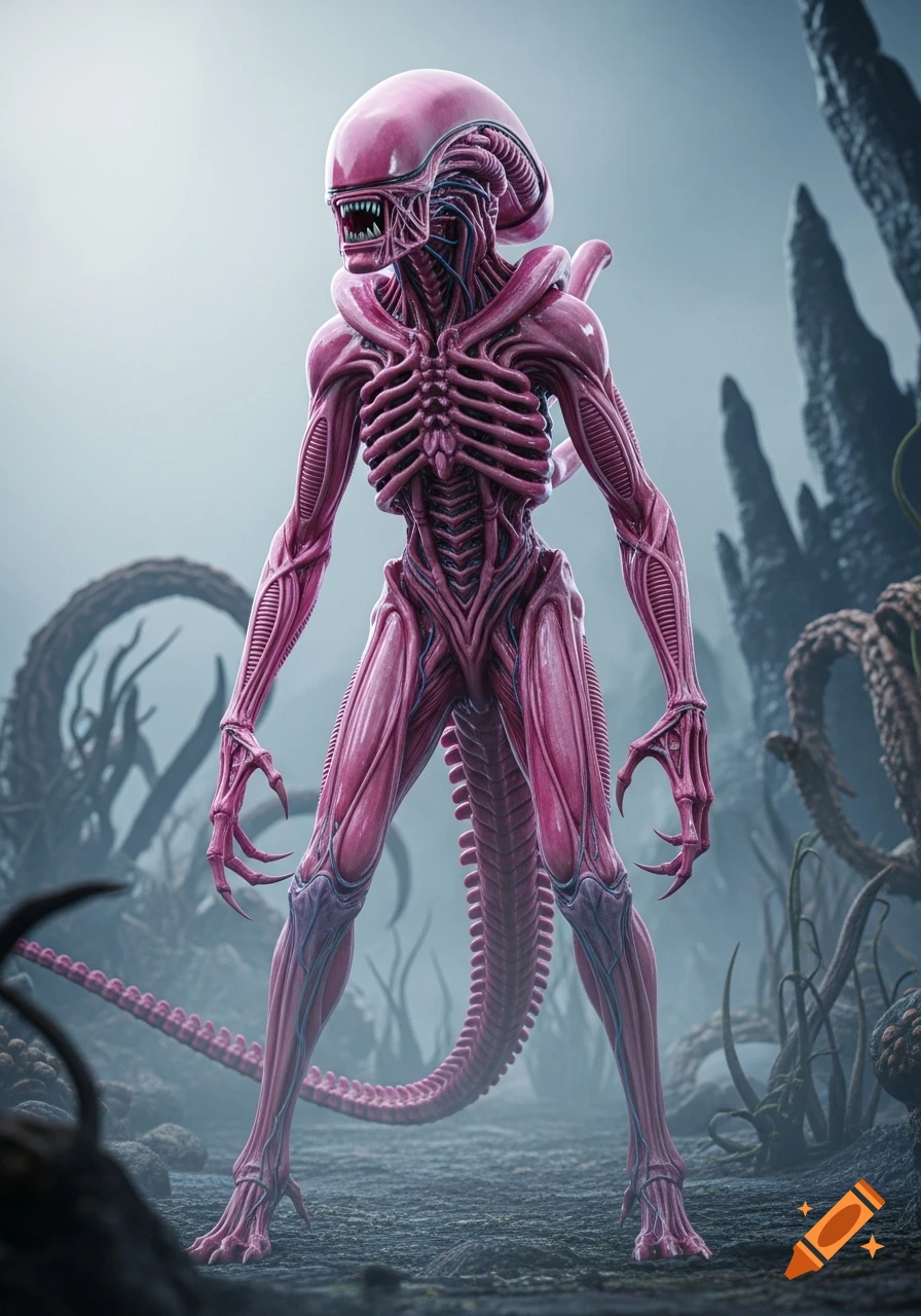 A photorealistic render of a pink xenomorph monster with skeletal ...