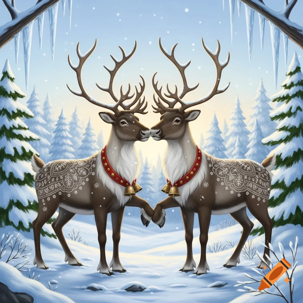 Two cartoon reindeers with festive bells and patterned coats touch ...