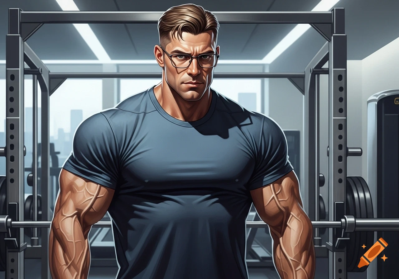 A very strong, muscular man with light brown hair and glasses, wearing ...