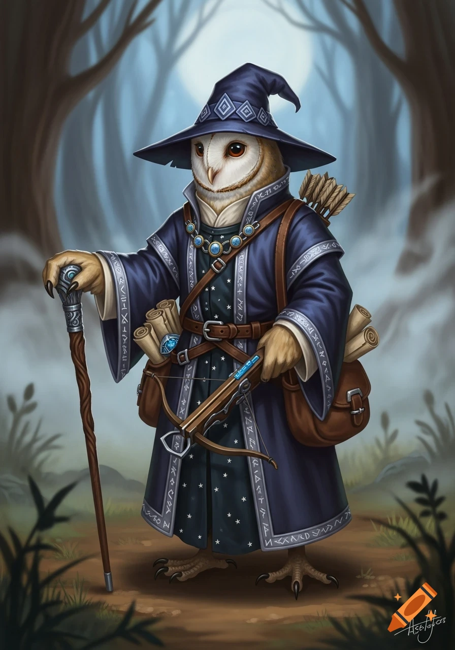 A barn owl wizard with a pointy hat and dark blue robes stands in a ...