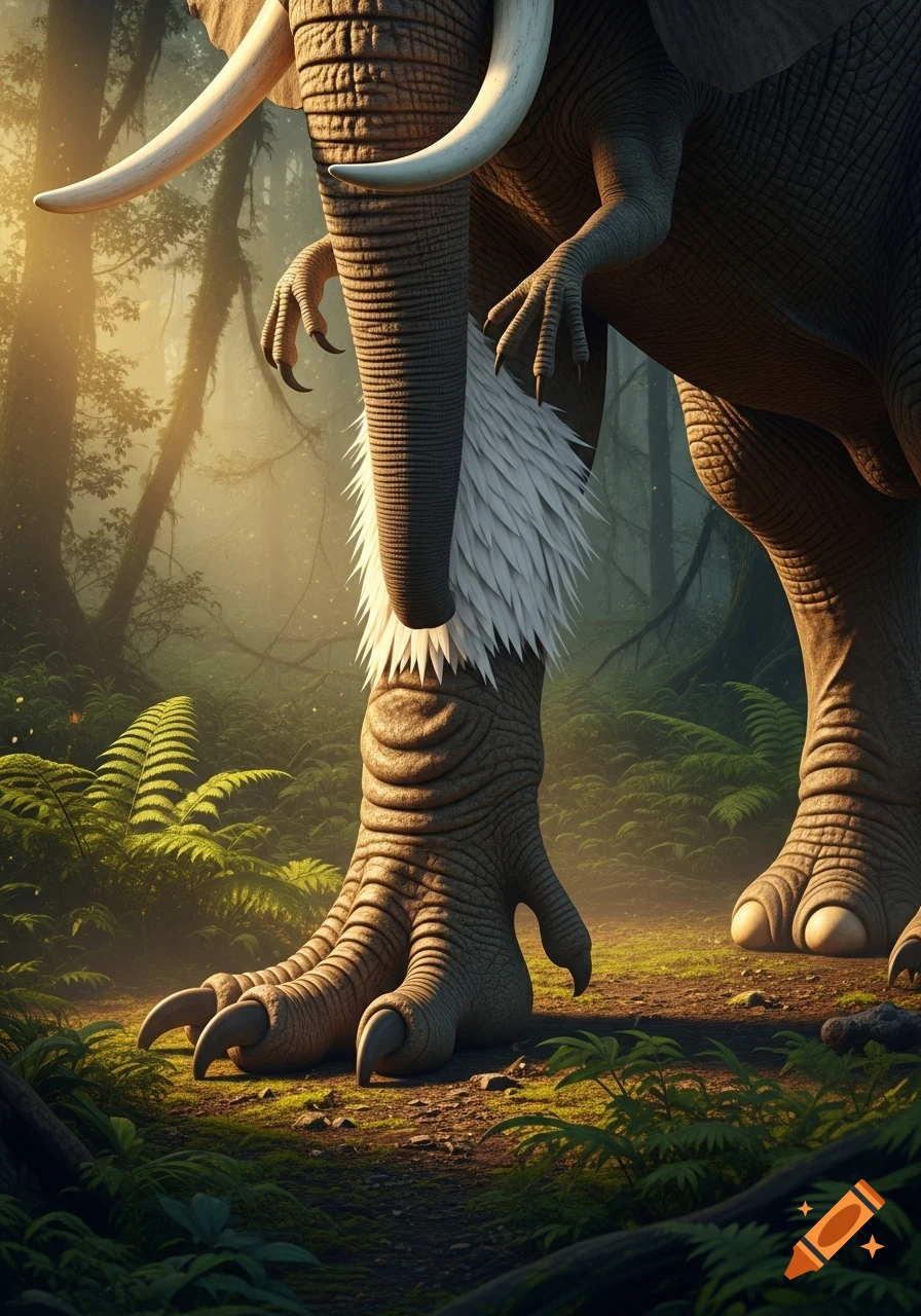 A close-up of a fantasy creature with an elephant-like body, feathered ...
