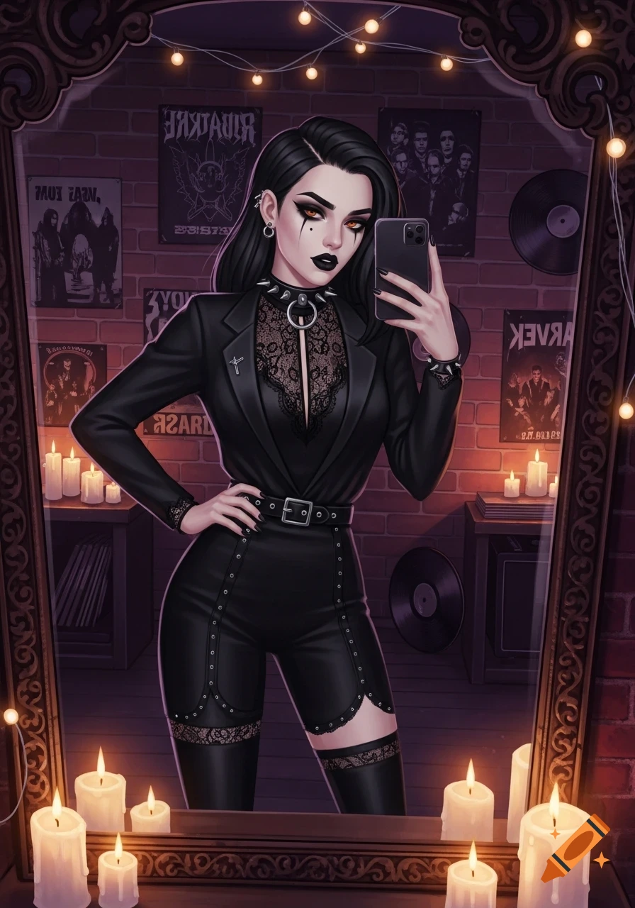 A goth woman with black hair, dark makeup, and an all-black outfit with ...