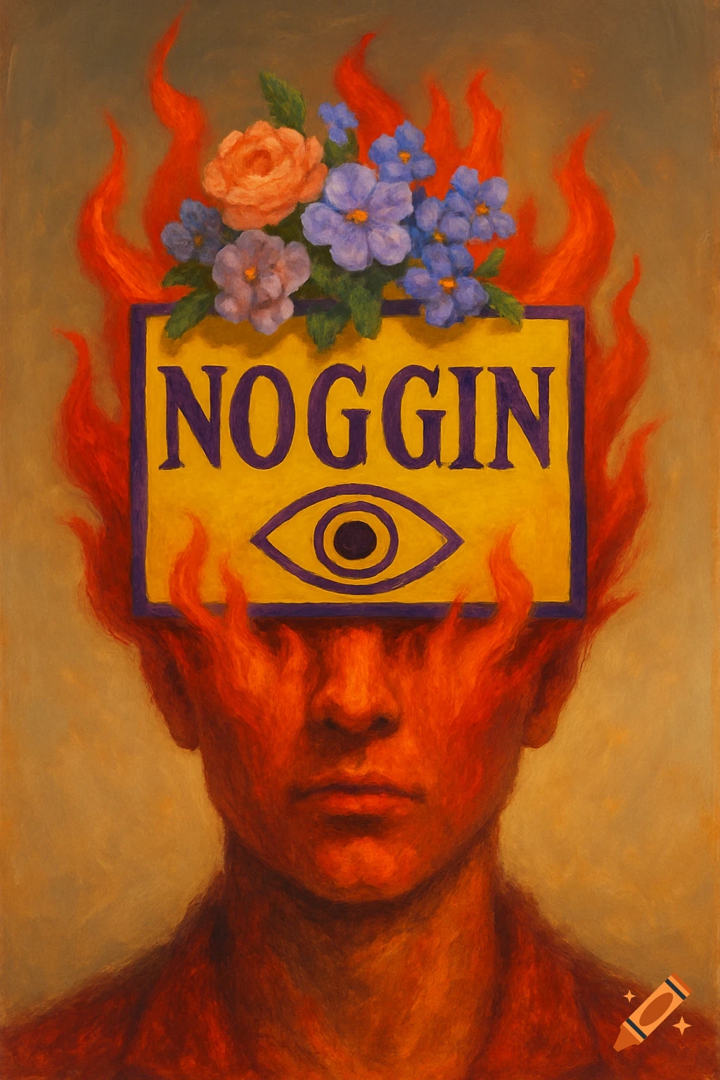 Surreal painting of a red human head in flames, a yellow 'NOGGIN' sign ...