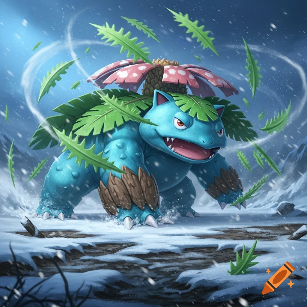 A realistic Venusaur in an aggressive stance, casting razor leaf, in a ...