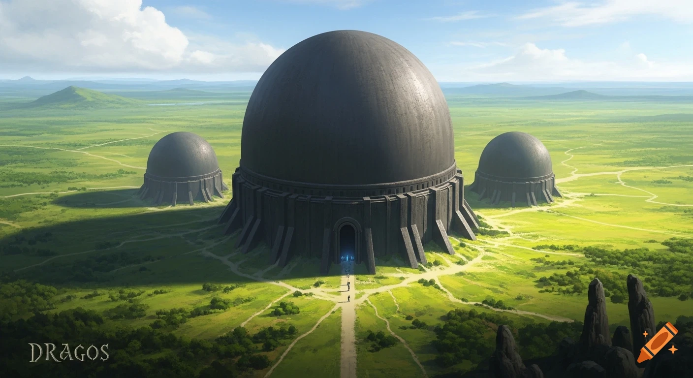 Vast green plains with three colossal dark grey stone domes; the ...
