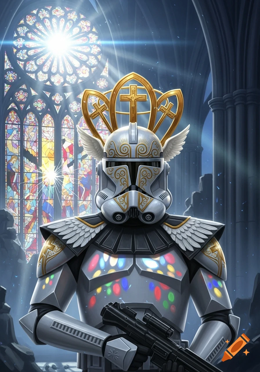 A white and gold clone trooper with winged, cross-adorned armor stands ...