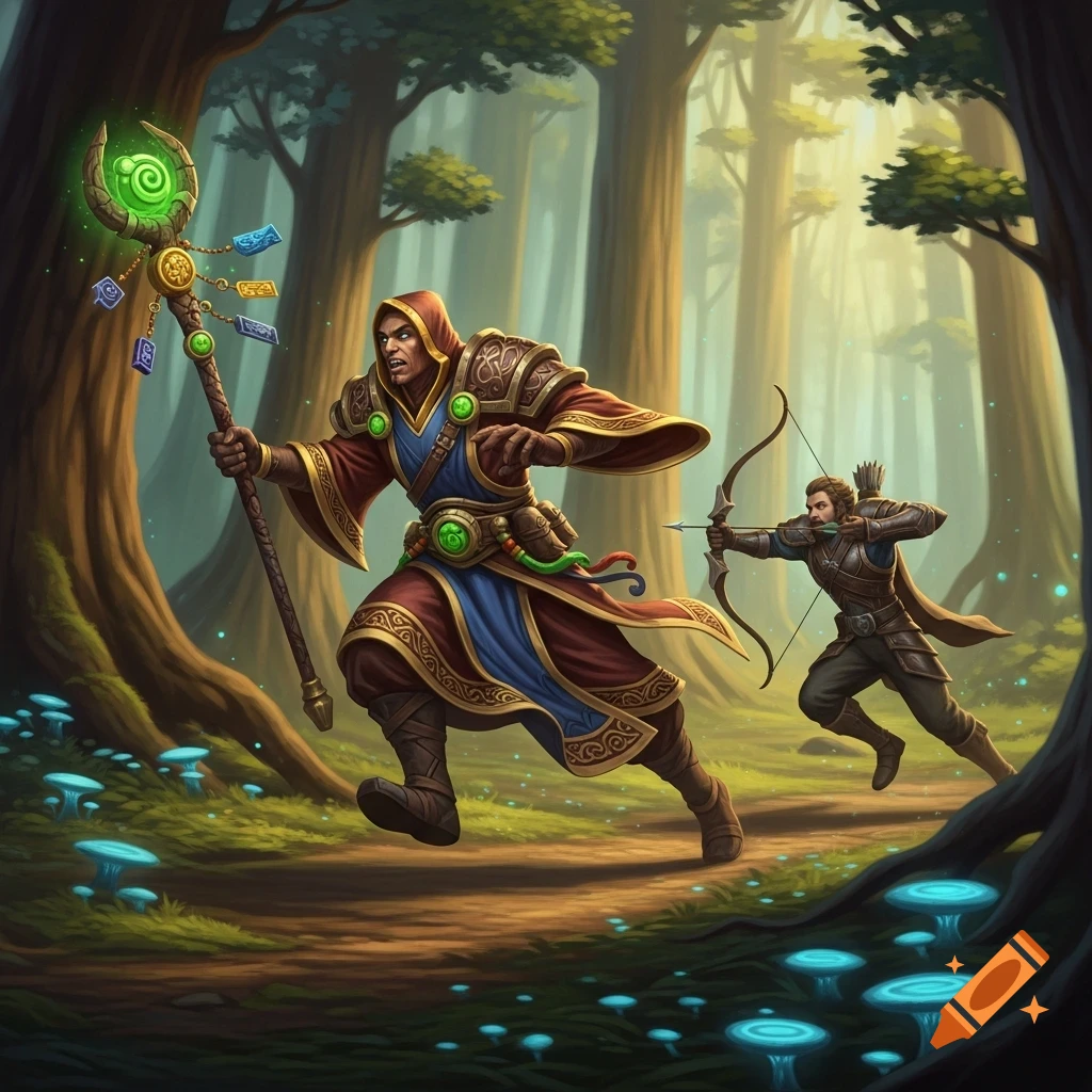 A hooded monk with a glowing staff runs through a forest, pursued by an ...