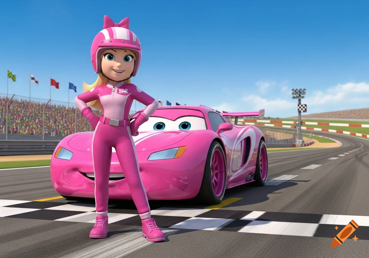 A smiling cartoon girl in a pink racing suit and helmet stands in front ...