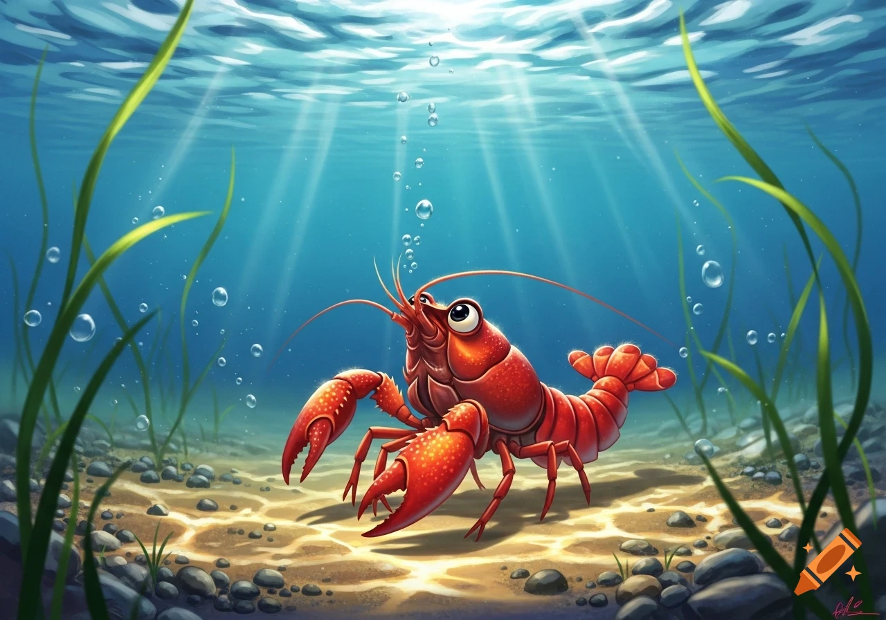 An animated red crawfish with big eyes stands on a sandy seabed with ...
