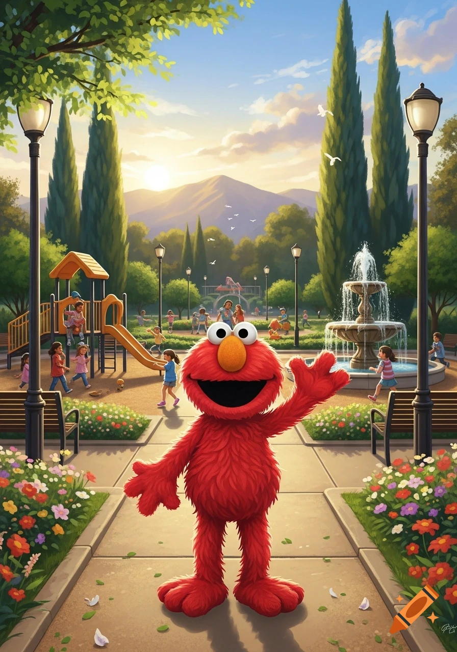 Vibrant cartoon illustration of Elmo waving and smiling in a sunny park ...