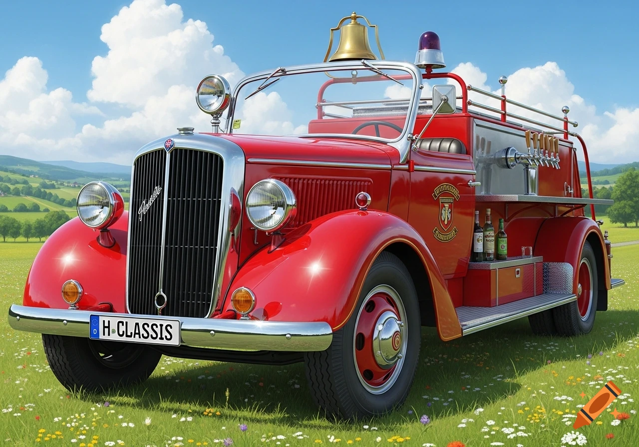 A vibrant red vintage fire truck, modified with a beer tap system on its side, parked in a sunny ...
