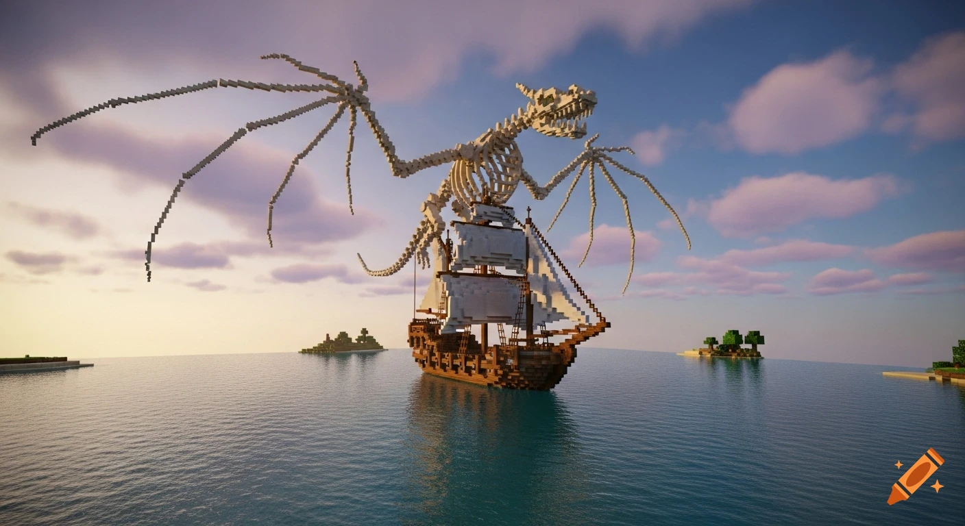 A large blocky dragon skeleton hovers over an old sailing ship on blue ...