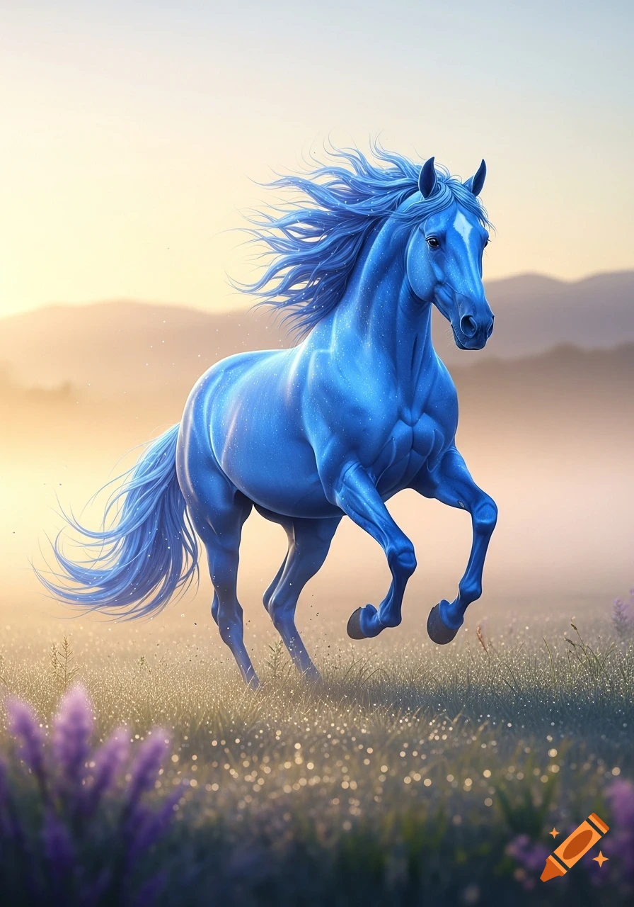A sparkling blue horse with a flowing mane prances through a dewy field ...
