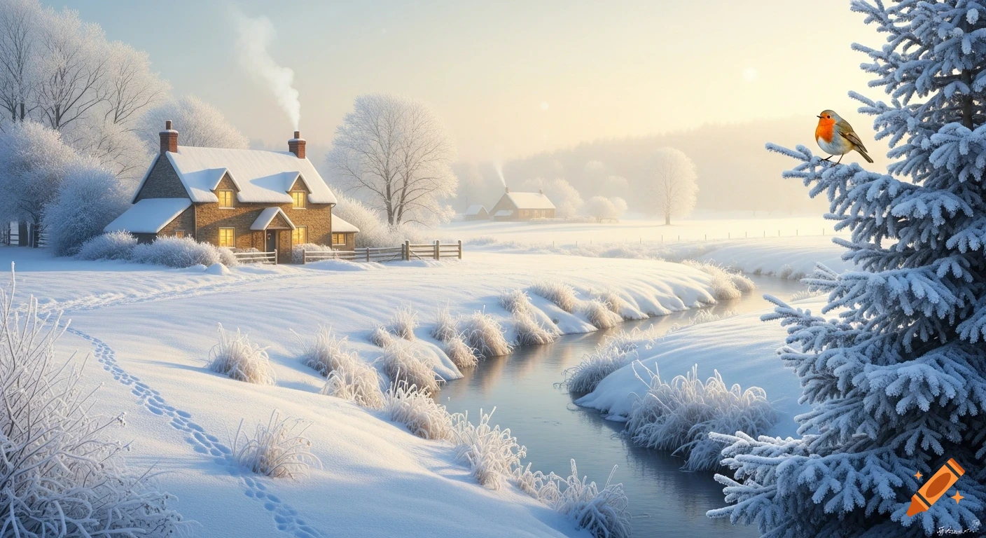 A cozy snow-covered cottage with glowing windows and smoke rising from ...