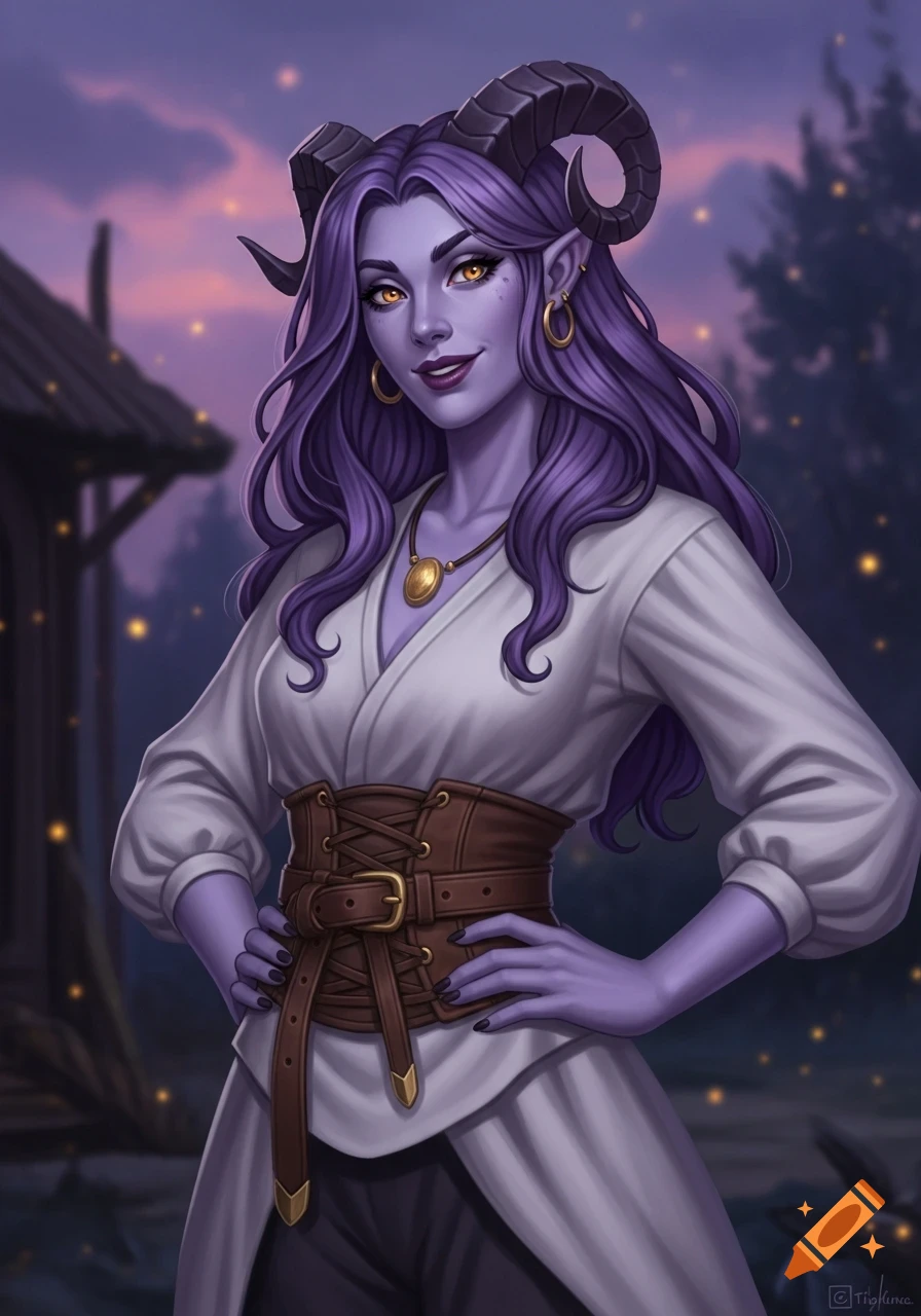 Lavender-skinned tiefling woman with purple hair, golden eyes, and a ...