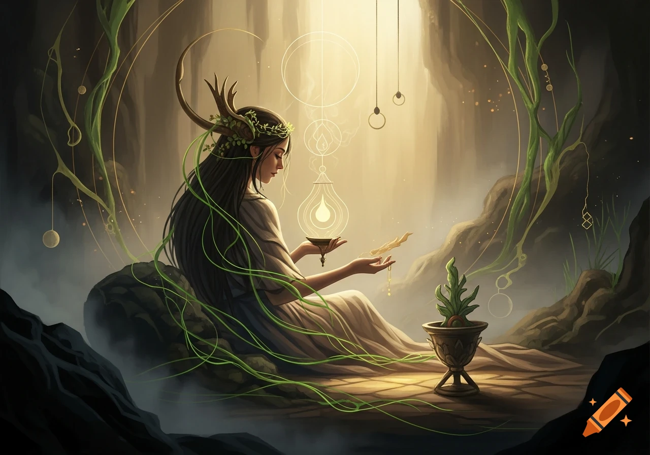 A serene woman with antlers and a leafy crown sits in a mystical, dimly ...