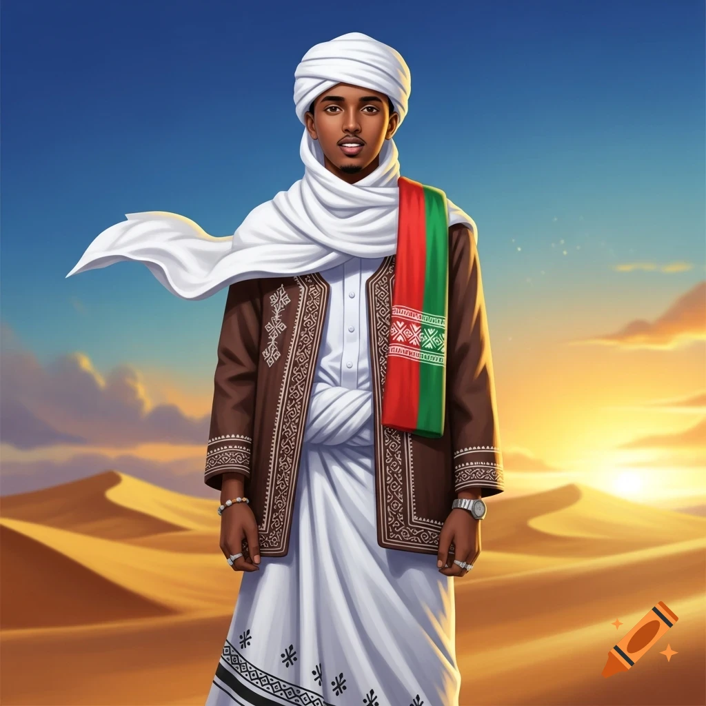 An illustrated portrait of a young Somali man in traditional white ...