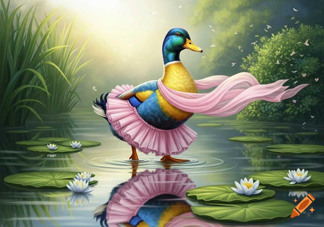 A colorful mallard duck wearing a pink ballet tutu and scarf stands in ...