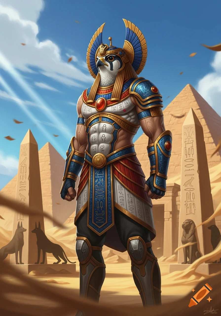 A powerful, hawk-headed Egyptian god in ornate blue, gold, and red ...